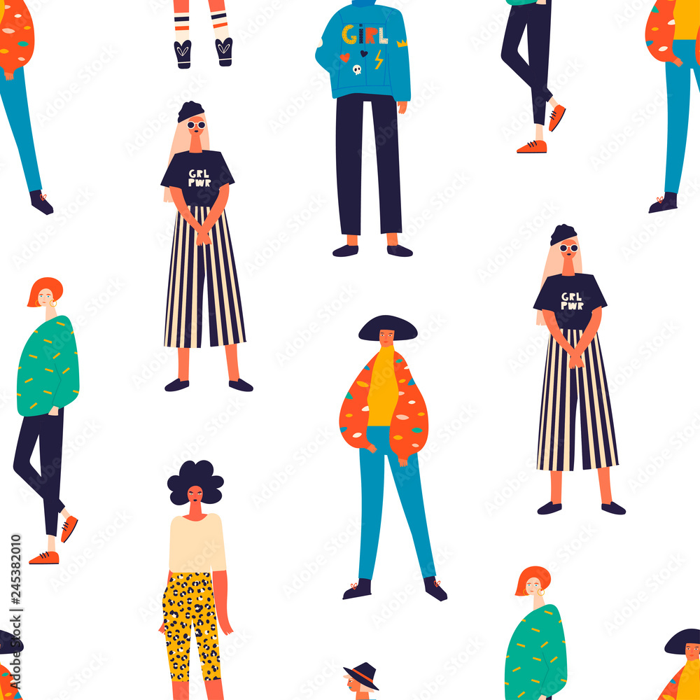 Young women dressed in trendy clothes standing in various poses. Girl ...
