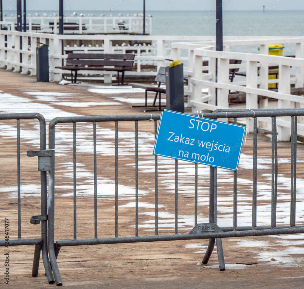 Jetty - molo in Gdansk, Poland closed due to heavy stormy weather with ...