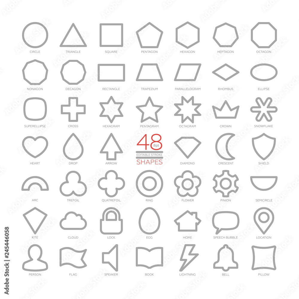 Editable stroke ouline vector set basic geometric shapes. Thin figures ...