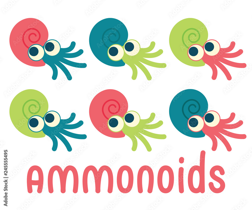 Cute Ammonoids. Vector illustration of prehistoric character in flat ...