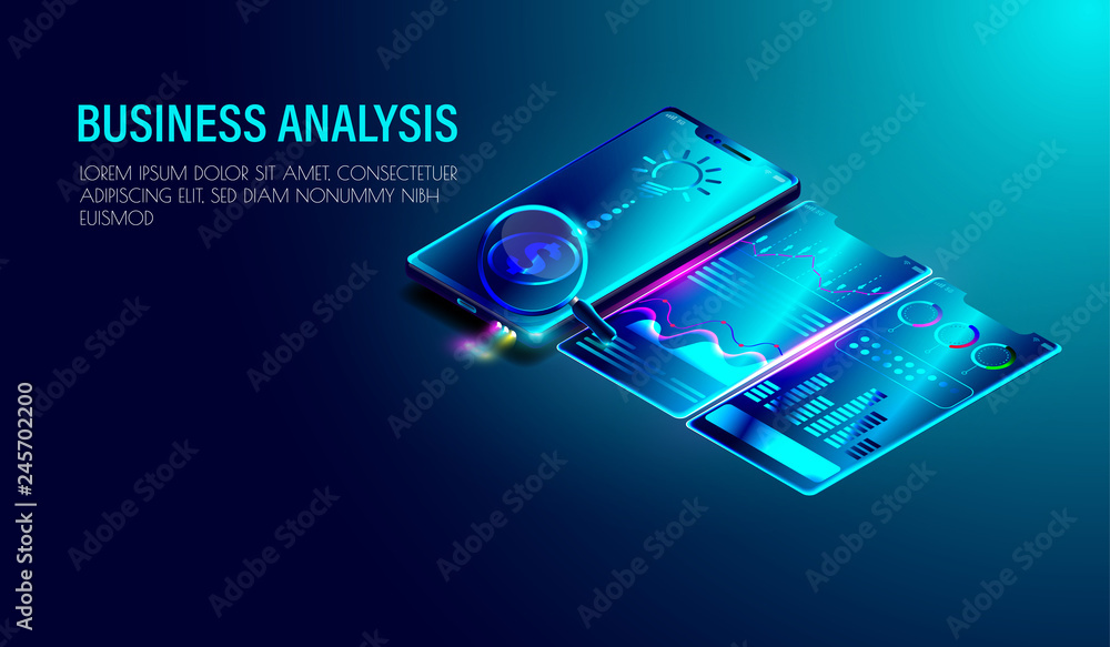 Business analysis system on isometric smartphone with diagram ...