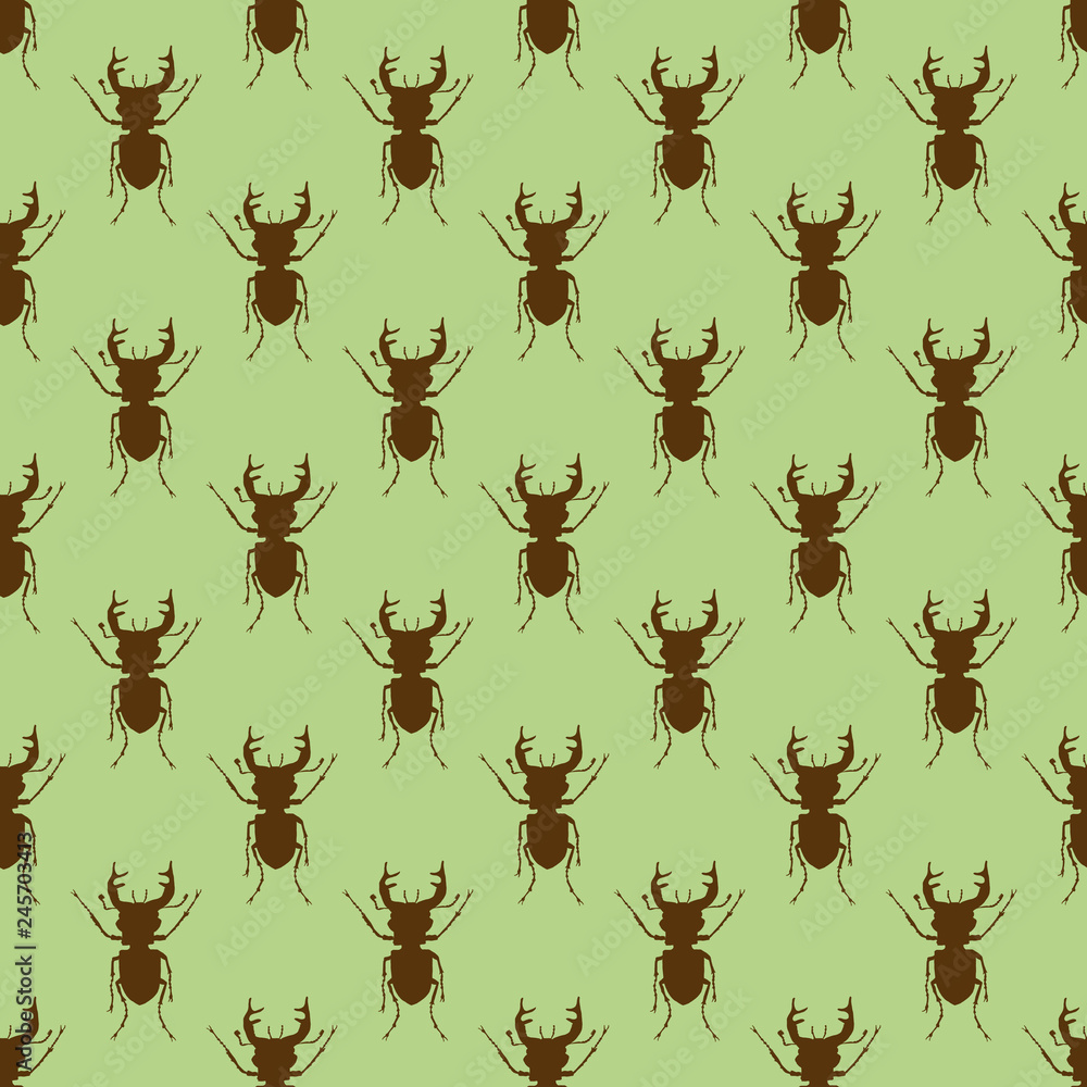 Seamless pattern with stag beetles on a green backdrop. Beetles on the ...