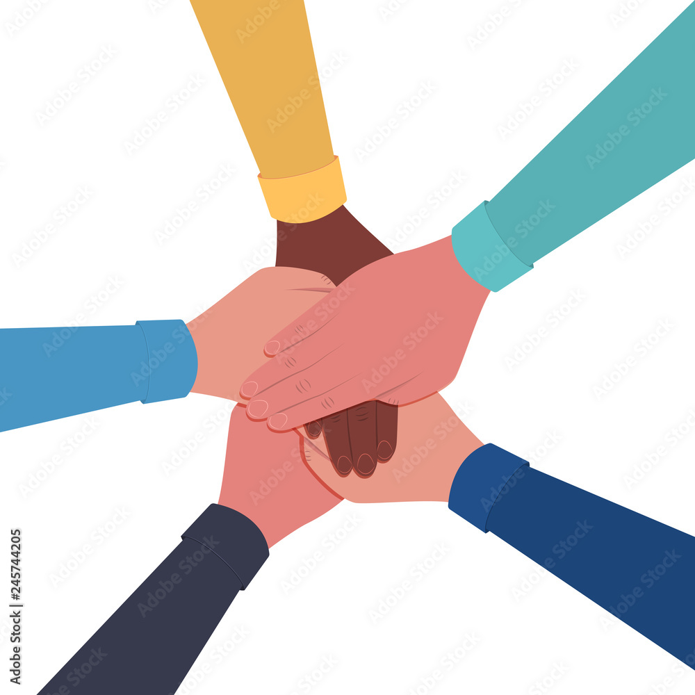 Hands together. Symbol of teamwork and unity. People putting their ...