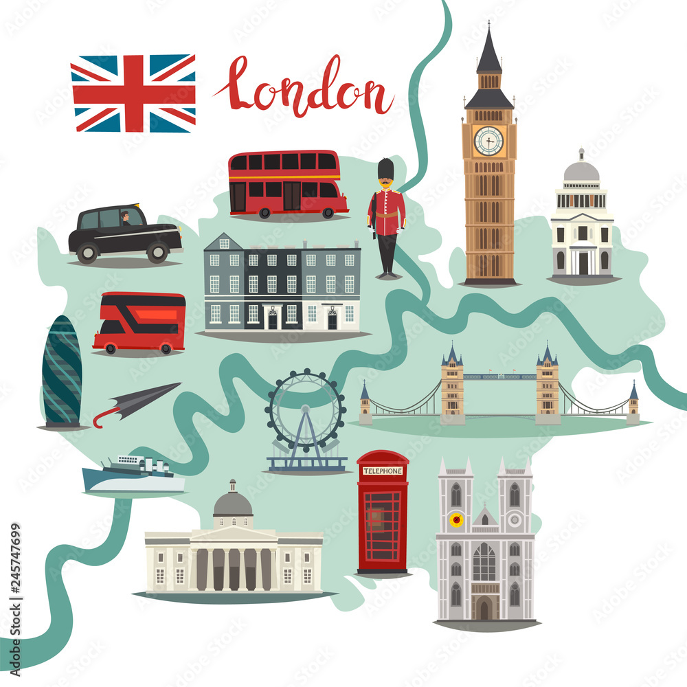 London illustrated map vector. Abstract colorful atlas poster ...