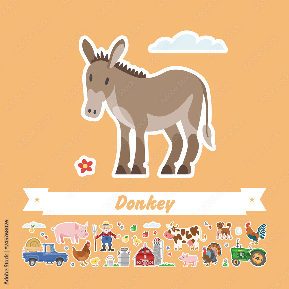 Cartoon donkey vector flat illustration. Funny isolated mule. Farming ...