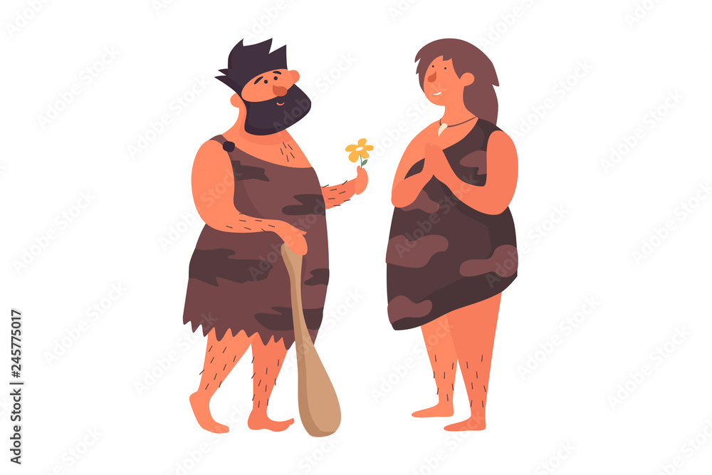 Primitive man in love gives a flower to his primitive girlfriend ...