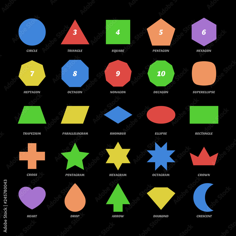 Vector set basic geometric shapes. Kids flat figures school collection ...