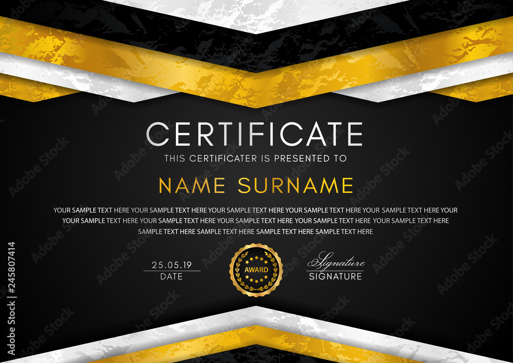 Certificate template with geometry frame and gold badge. Black ...