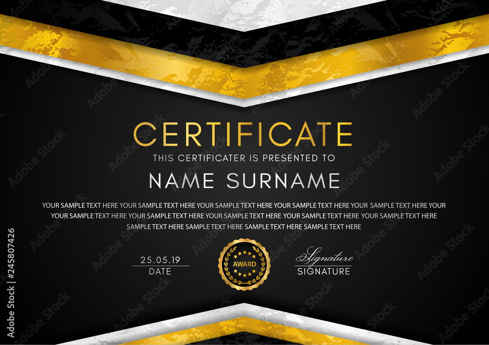 Certificate template with geometry frame and gold badge. Black ...