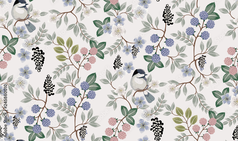 Vector illustration of a seamless floral pattern with cute birds in ...