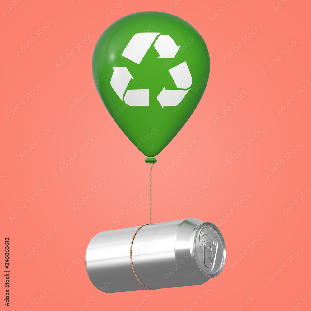Blank Aluminum Can Floating with Green Hellium Balloon with Recycle ...