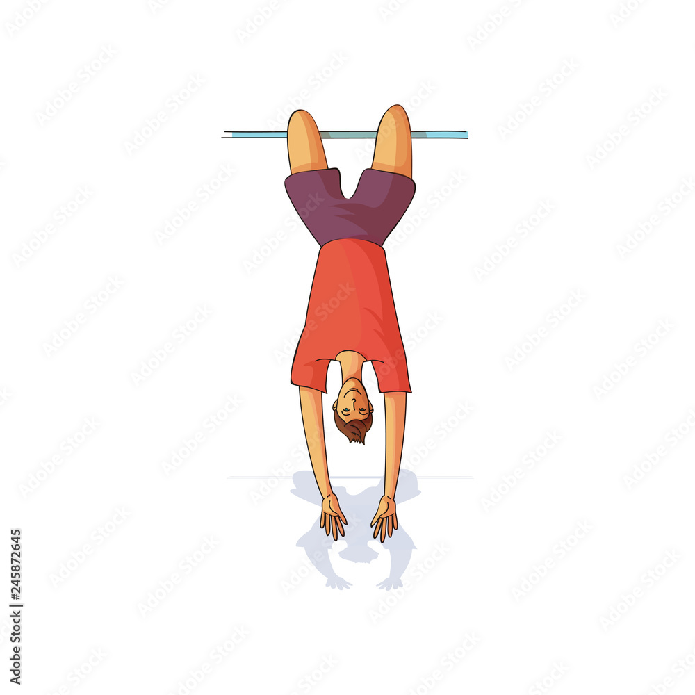 Young male hanging upside down on horizontal bar. Man in sportswear ...