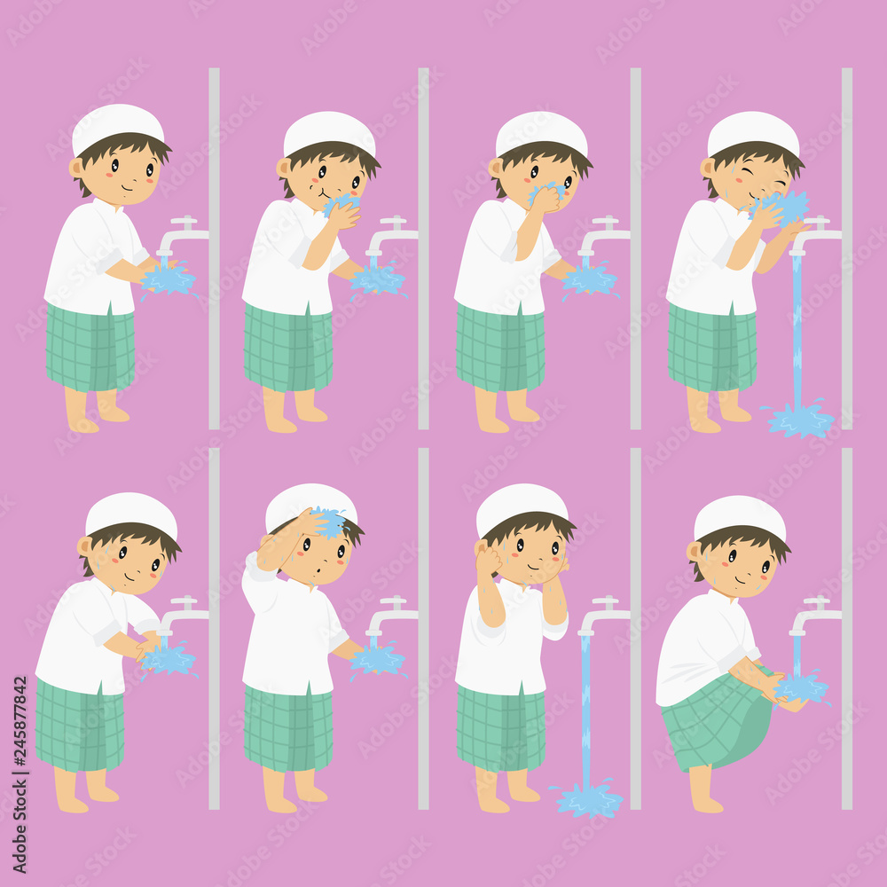 Muslim boy perform ablution steps, to clean self before prayer or ...