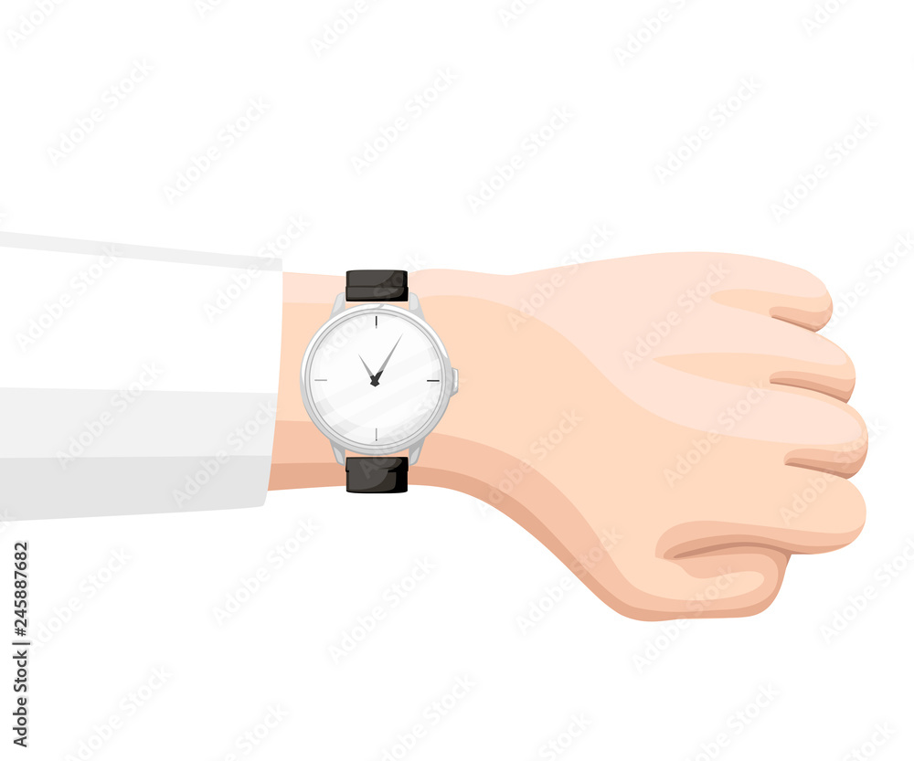 Silver wrist watch with black strap on hand. Time on wristwatch ...