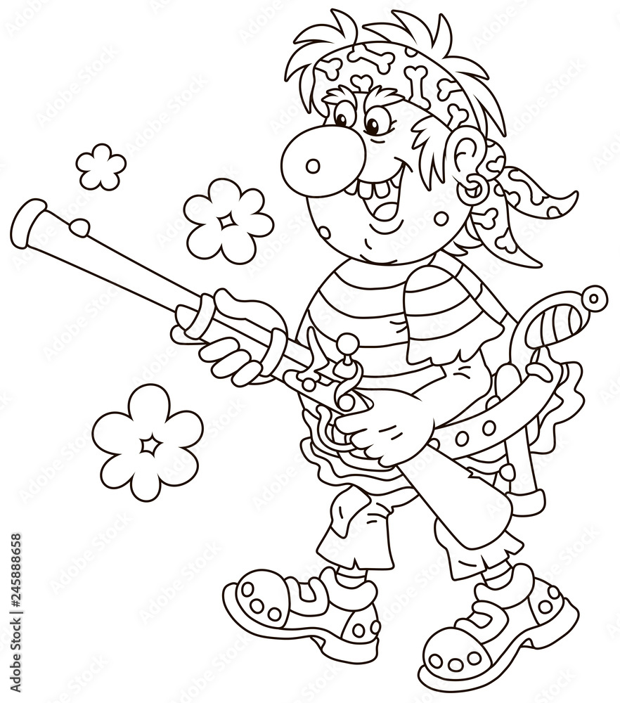 Sea pirate attacking and shooting with an old musket and a pistol ...