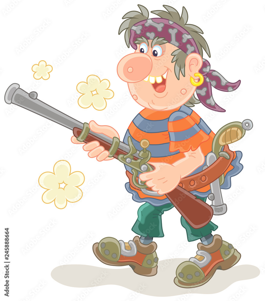 Sea pirate attacking and shooting with an old musket and a pistol ...