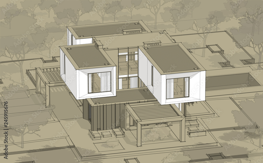 3d rendering sketch of modern cozy house in garden with garage for sale ...
