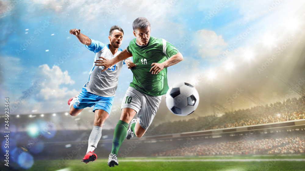 Soccer players in action on the day grand stadium background panorama ...