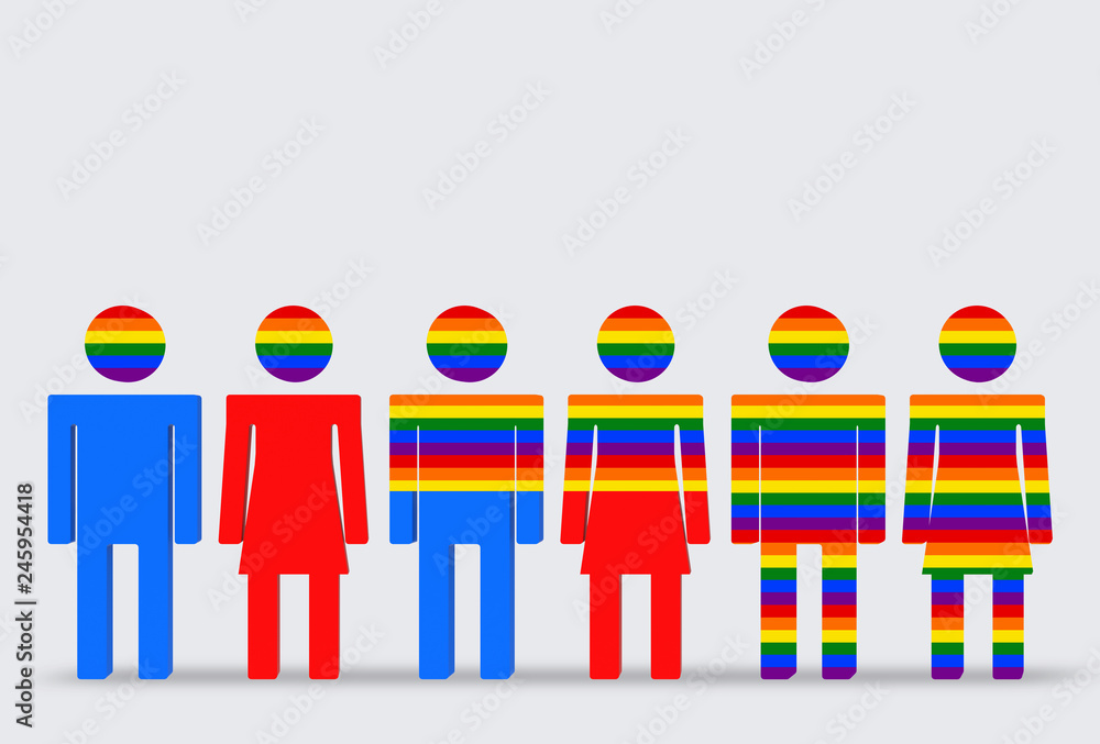 3d rendering. LGBT rainbow color flage covered on Head, halfa and full ...