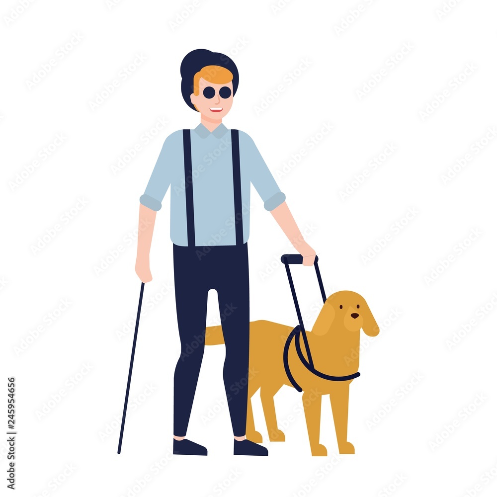 Blind man and guide dog isolated on white background. Guy with ...
