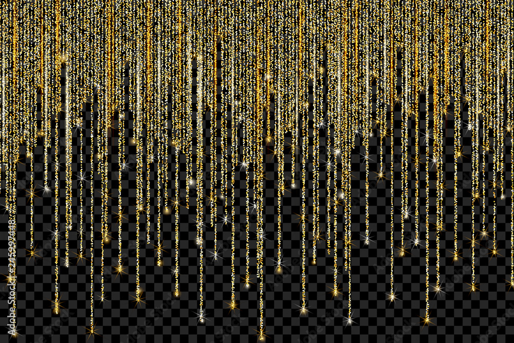Vector falling in lines gold glitter confetti dots rain. Golden garland ...