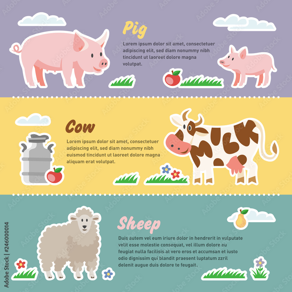 Comic template of cartoon funny farm animals with pig, cow and sheep ...