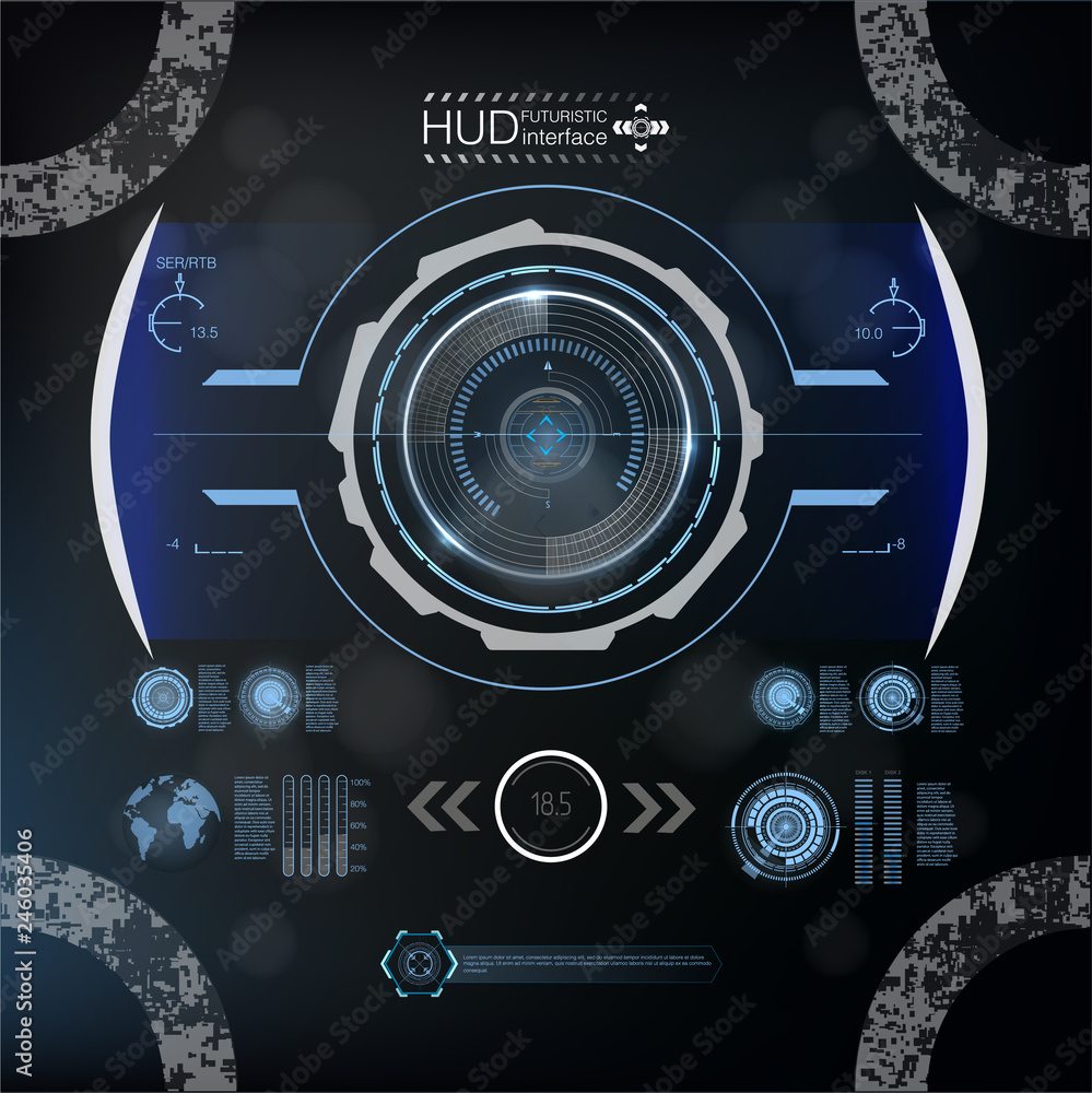 Set of futuristic blue infographics as head-up display. Display navigation elements for the web ...
