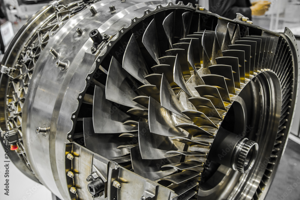 Foto de Stock Jet Engine, Turbine blades of airplane | Adobe Stock