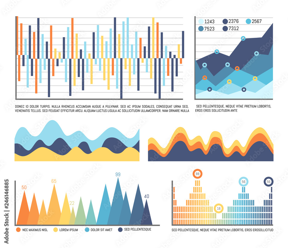 Business infographics and flowcharts in color vector. Editable diagrams with numbers and shades ...