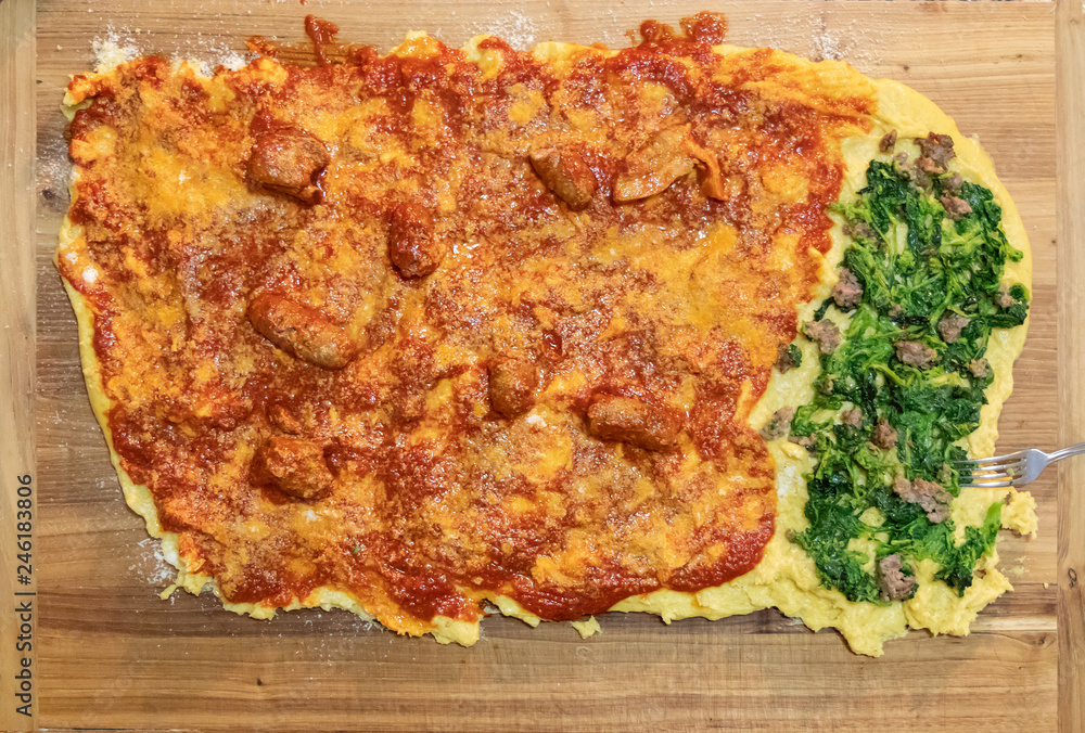Cooking polenta, typical, traditional, Italian food made with cornmeal ...