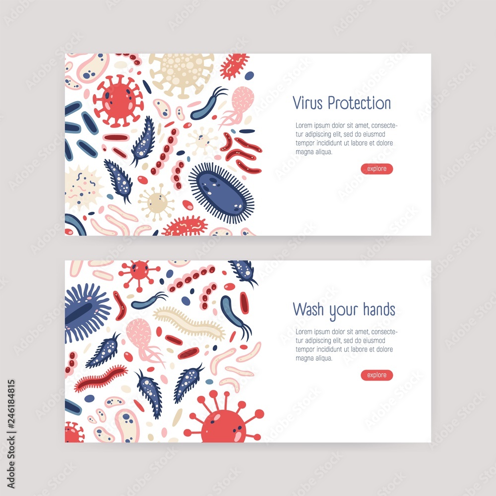 Bundle of web banner templates with harmful single cell microorganisms ...