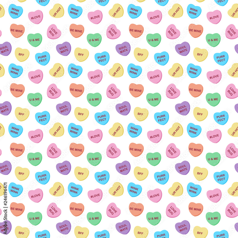 Candy Hearts Seamless Pattern - Pastel rainbow conversation heart candy ...