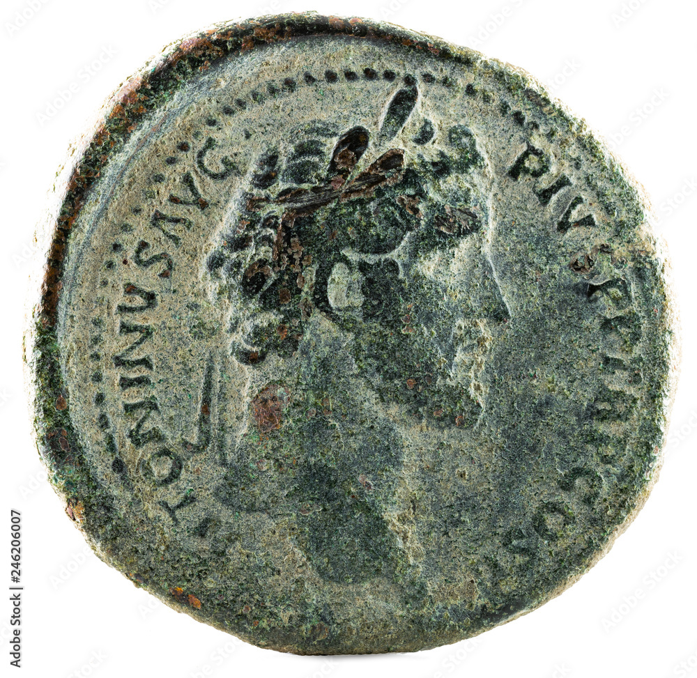 Ancient Roman bronze sertertius coin of Emperor Antoninus Pius. With ...