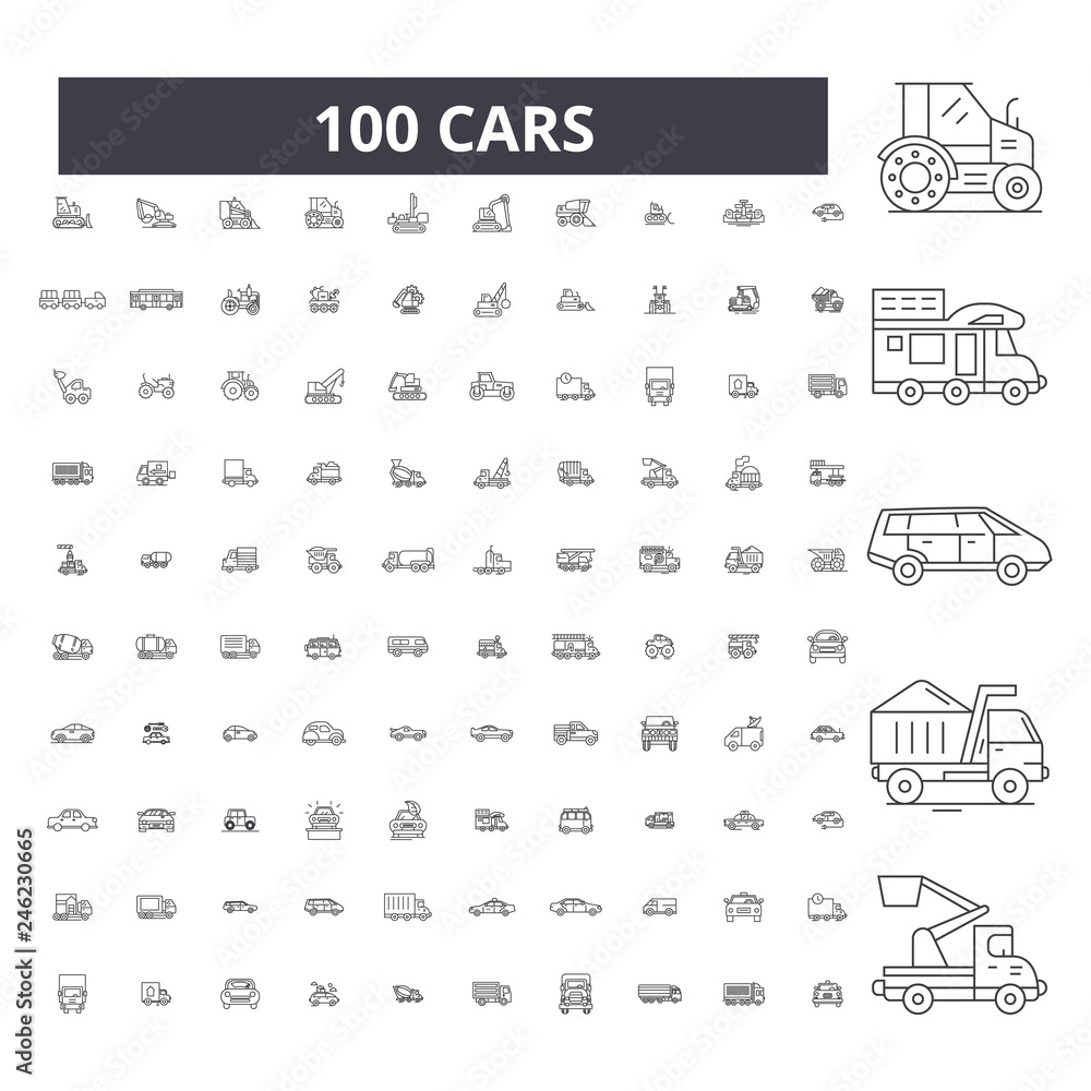 Cars editable line icons, 100 vector set on white background. Cars ...