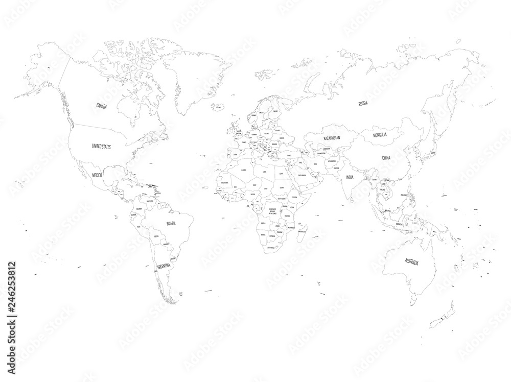 Vector political map of world. Black outline on white background with ...