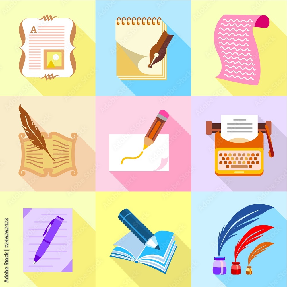 Scribe icons set. Cartoon set of 9 scribe vector icons for web isolated ...