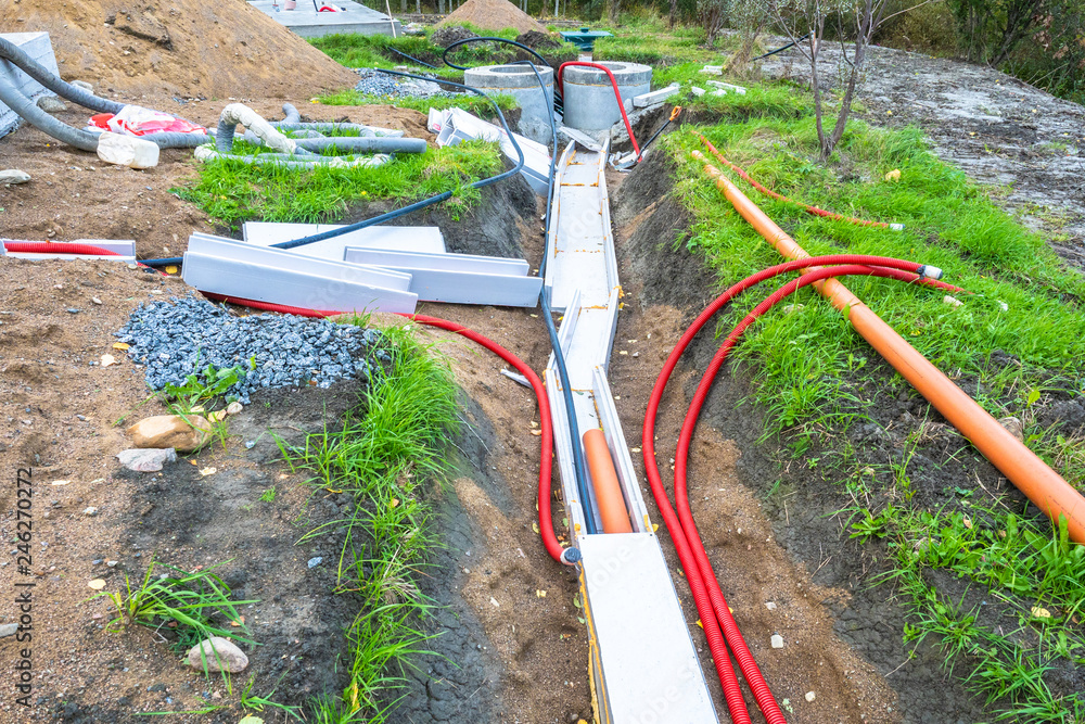 Laying of sewage. Construction works. Network engineering. In the ...