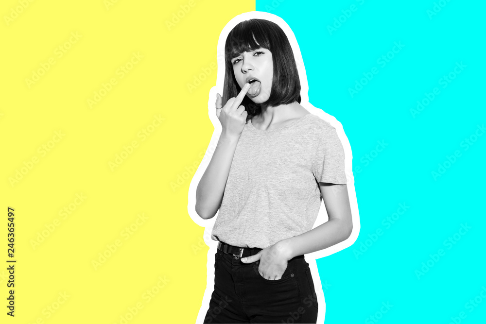 Collage in magazine young woman showing middle finger, impolite and ...