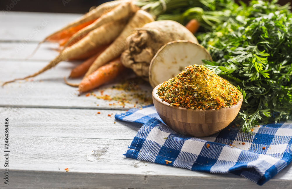 Seasoning spices condiment vegeta from dehydrated carrot parsley celery ...