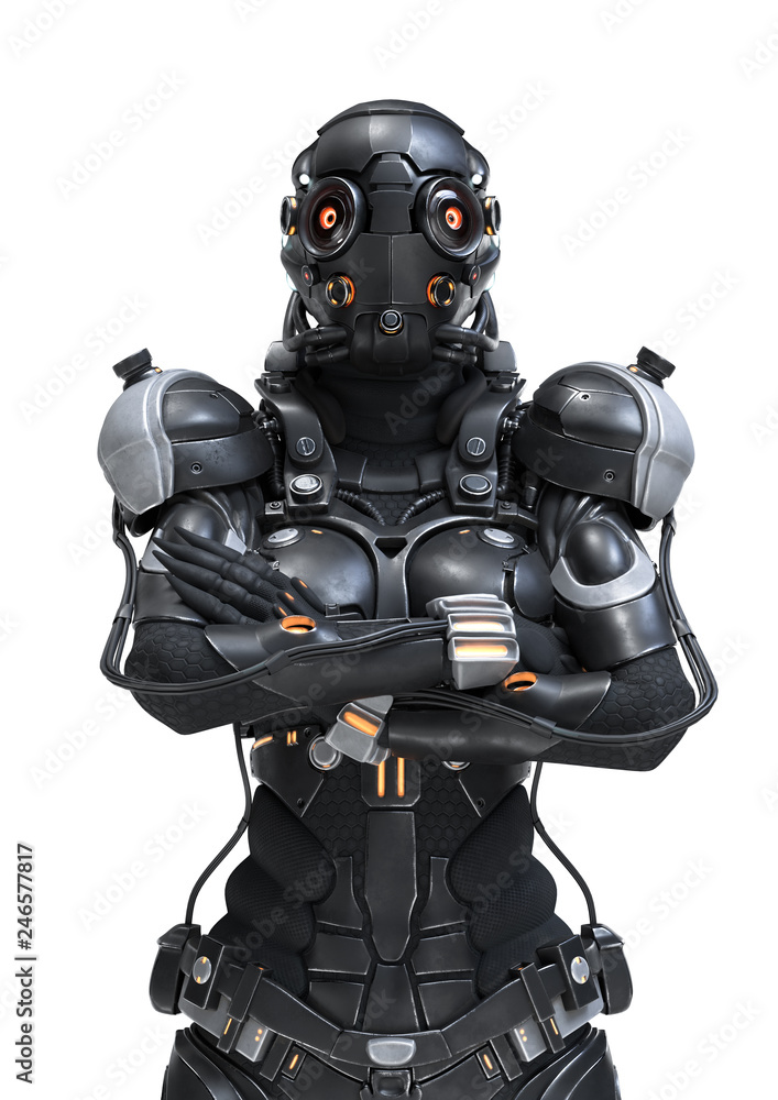 Science fiction cyborg female standing with arms crossed on her chest ...