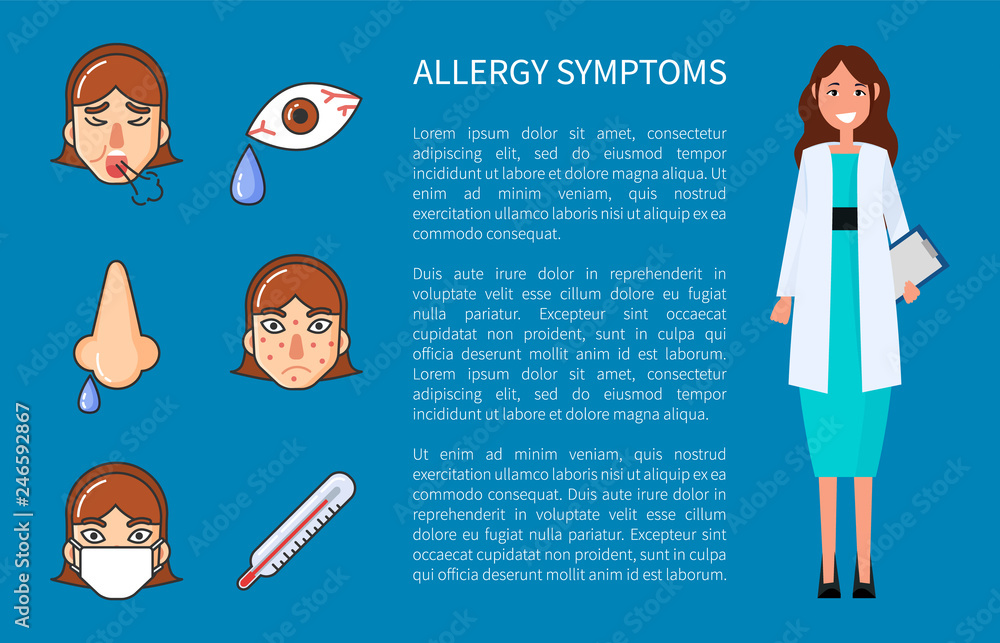 Allergy symptoms cough, high temperature, headache, rhinitis and sore ...