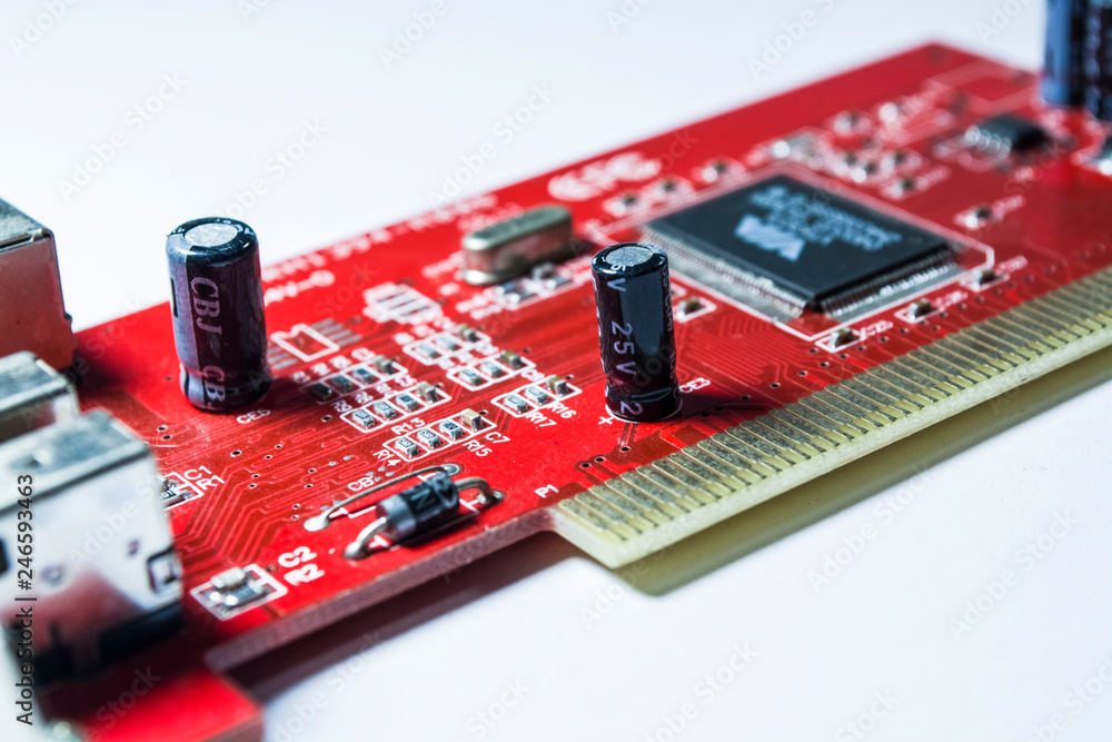 Texture or background. Red color the motherboard from the computer ...