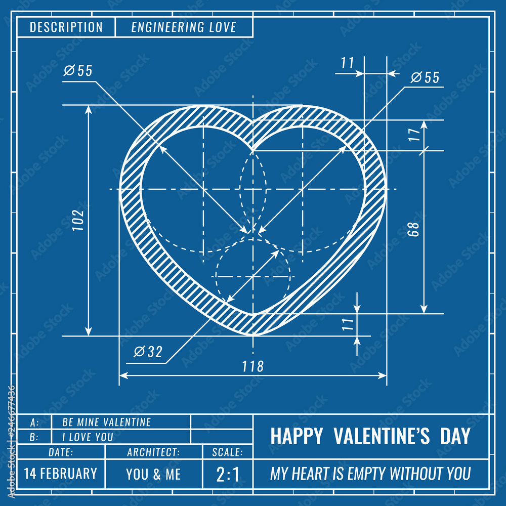 Heart sign as technical blueprint drawing. Valentines day technical ...