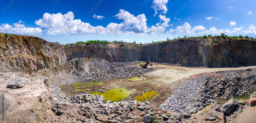 Spectacular panoramic view of quarry open pit mining of granite stone ...