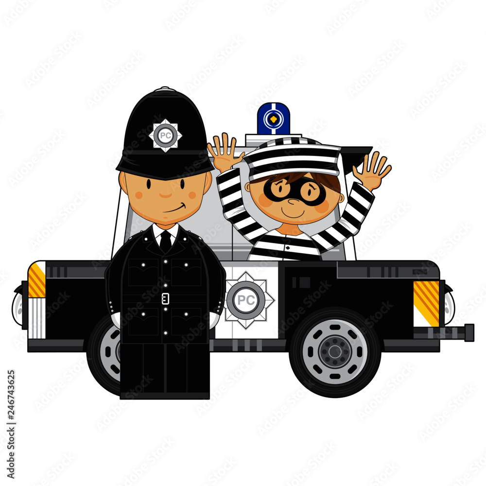 Cute Cartoon Policeman and Police Car with Classic Style Robber Stock ...