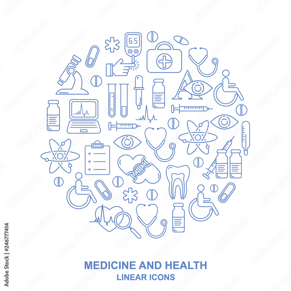Vector medicine and health design seamless pattern with modern linear ...