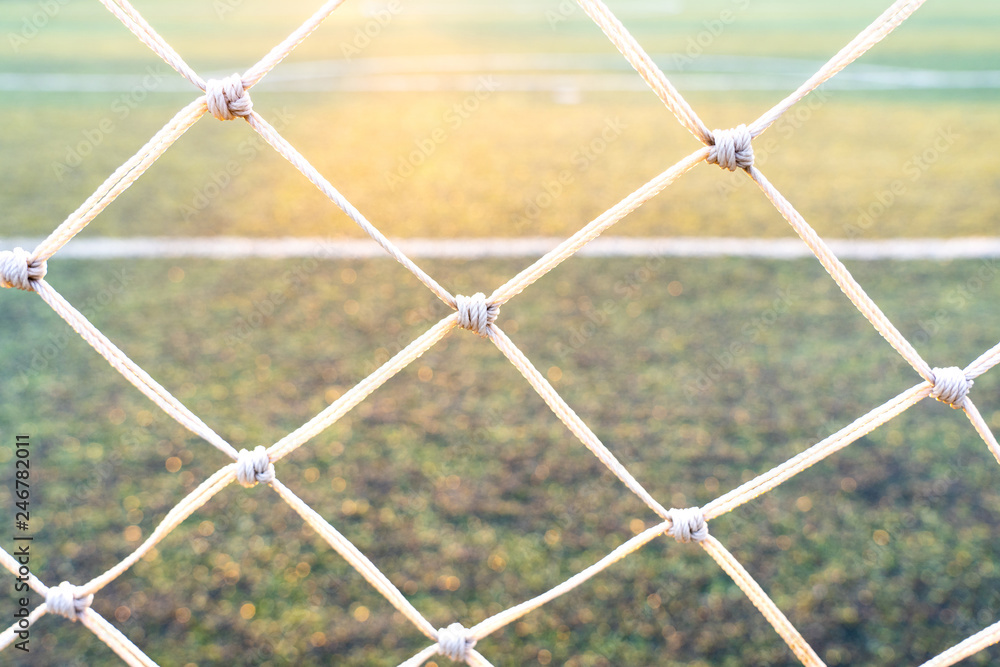 Behind view of green soccer field.Beautiful artificial grass on the ...