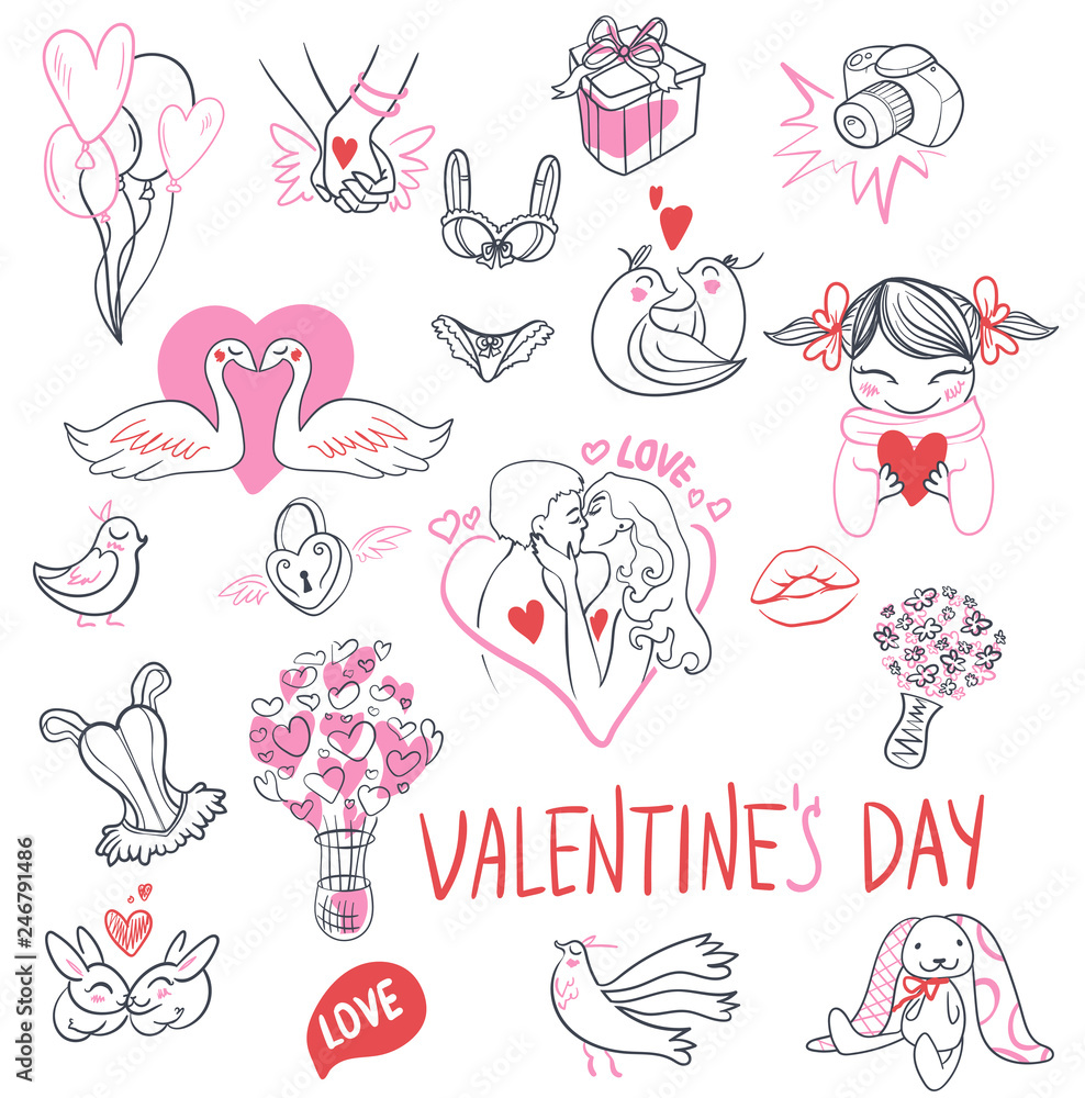 Collection of hand drawn Valentine day doodle. Valentine's day special pack design elements sets ...