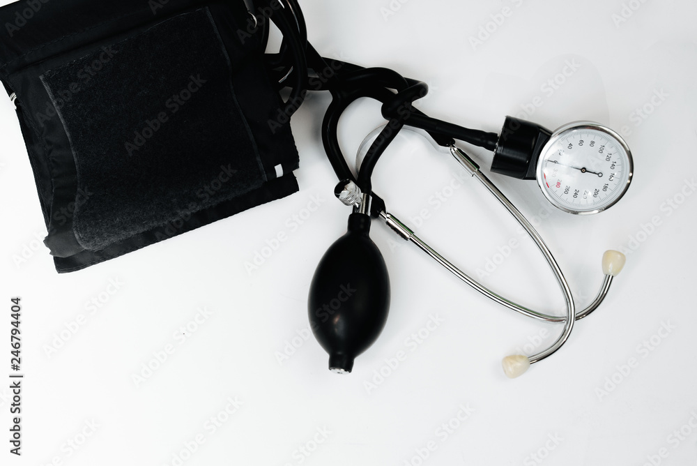 Cardiology. Tonometer and a manometer, stethoscope for diagnosis to ...