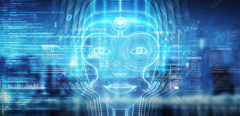 Robotic woman cyborg face representing artificial intelligence 3D ...